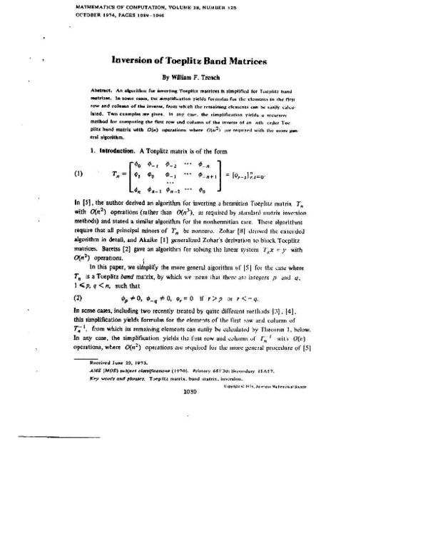 Pdf Inversion Of Toeplitz Band Matrices