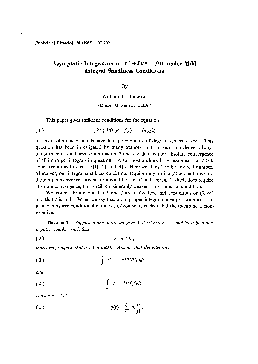 Pdf Asymptotic Integration Of Y N P T Y Gamma F T Under Mild Integral Smallness Conditions