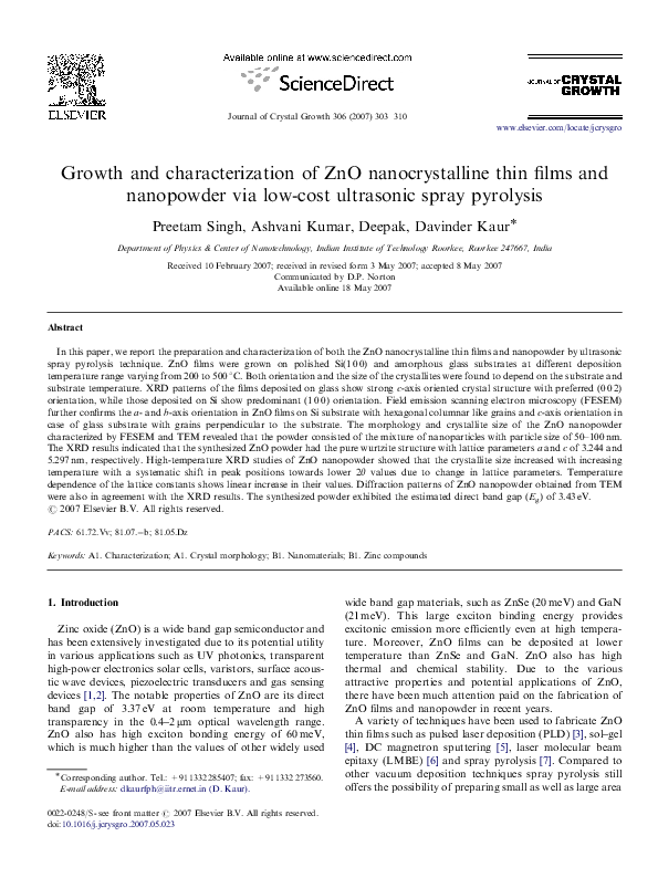 (PDF) Growth and characterization of ZnO nanocrystalline thin films and nanopowder via low-cost ...