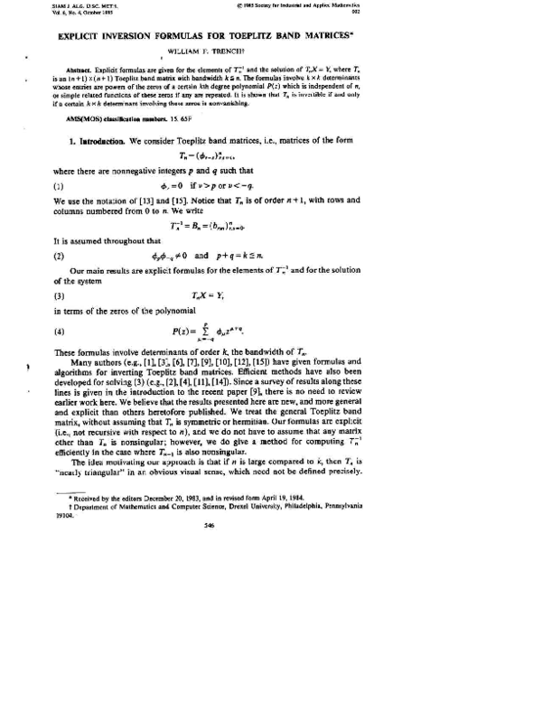 Pdf Explicit Inversion Formulas For Toeplitz Band Matrices William
