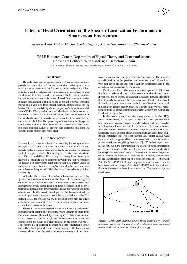 Pdf Effect Of Head Orientation On The Speaker Localization Performance In Smart Room Environment 