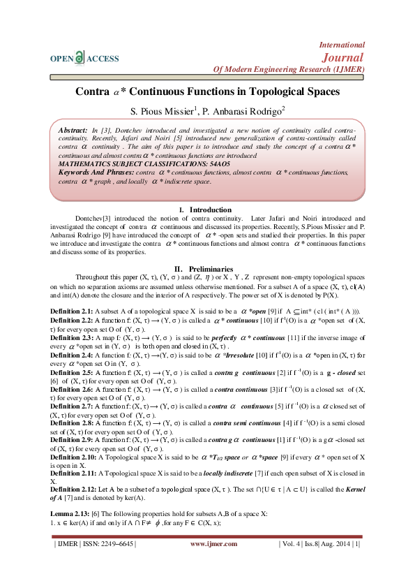 Pdf Contra Continuous Functions In Topological Spaces