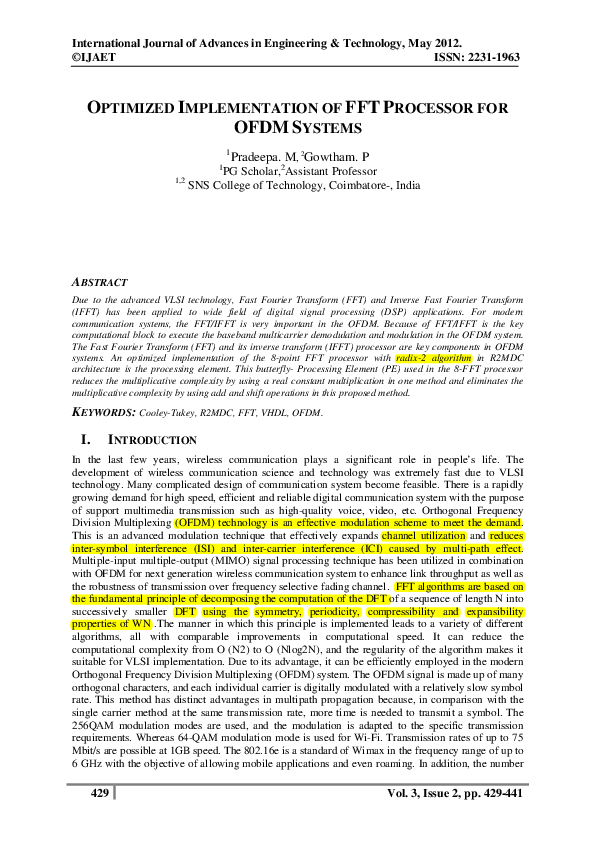 (PDF) OPTIMIZED IMPLEMENTATION OF FFT PROCESSOR FOR OFDM SYSTEMS (PDF) OPTIMIZED IMPLEMENTATION OF FFT PROCESSOR FOR OFDM SYSTEMS