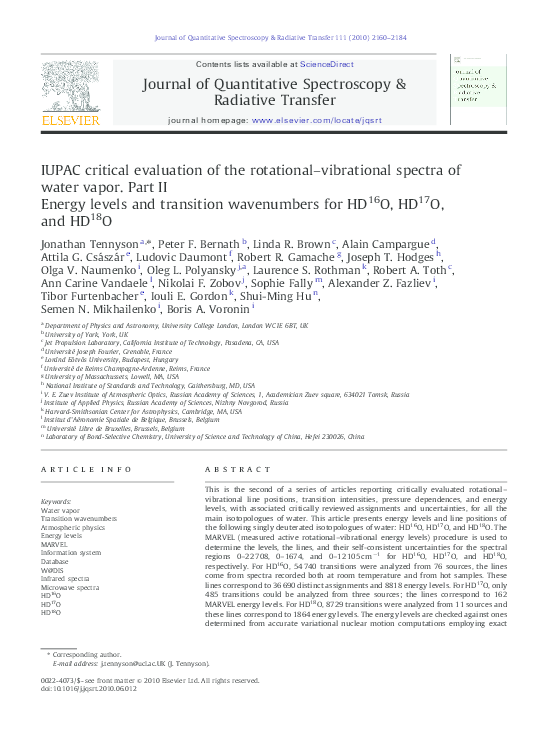 (PDF) IUPAC critical evaluation of the rotational–vibrational spectra ...