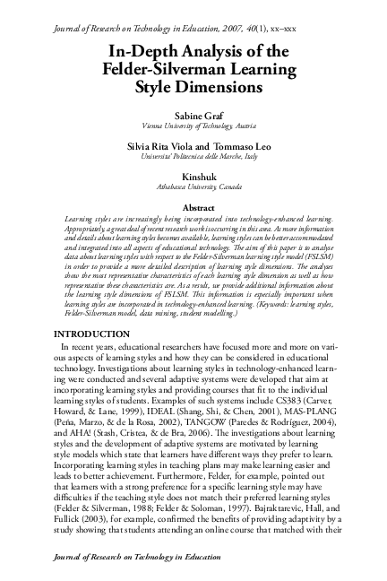 (PDF) In-Depth Analysis of the Felder-Silverman Learning Style Dimensions