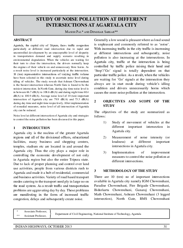 (PDF) Study of Noise Pollution at Different Intersection at Agartala City