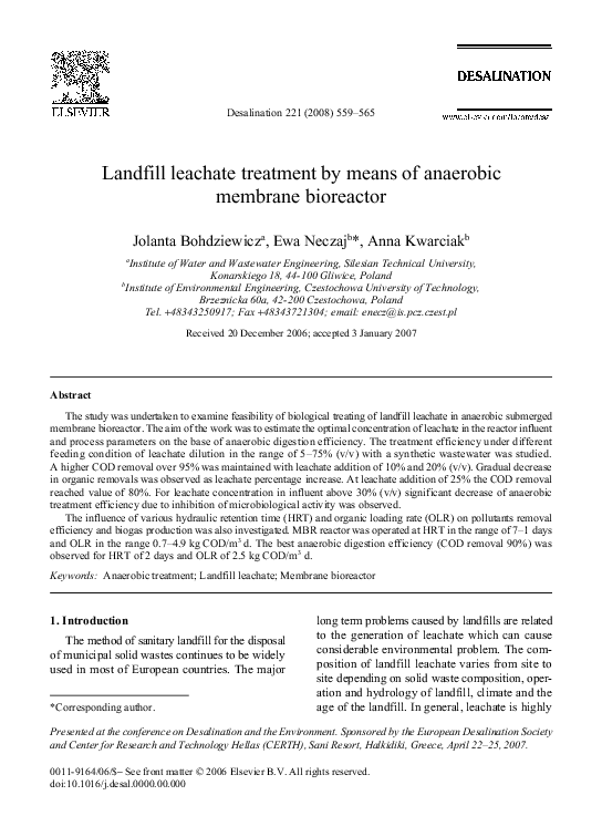 (PDF) Landfill leachate treatment by means of anaerobic membrane bioreactor