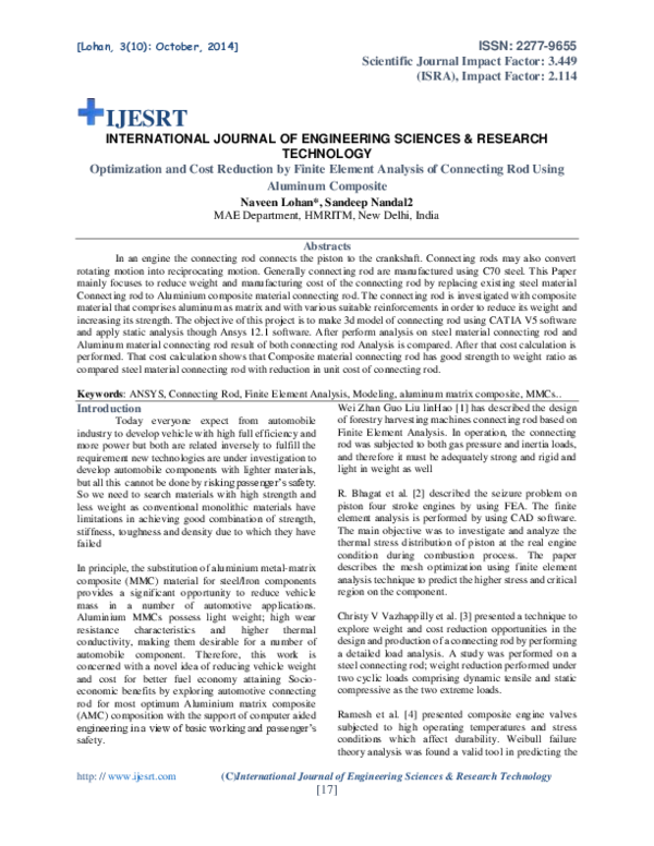 (PDF) Optimization and Cost Reduction by Finite Element Analysis of Connecting Rod Using ...