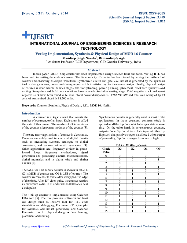 (PDF) Verilog Implementation, Synthesis & Physical Design of MOD 16 Counter