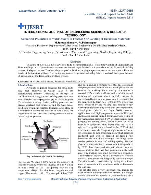 Pdf Numerical Prediction Of Weld Quality In Friction Stir Welding Of