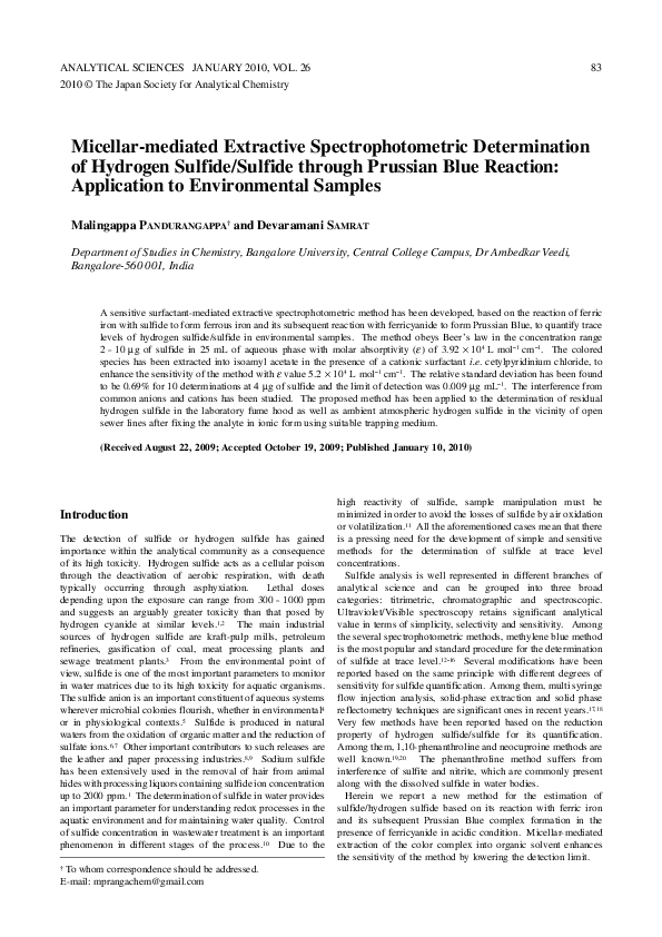 Micellar Mediated Extractive Spectrophotometric Determination Of Hydrogen Sulfide Sulfide