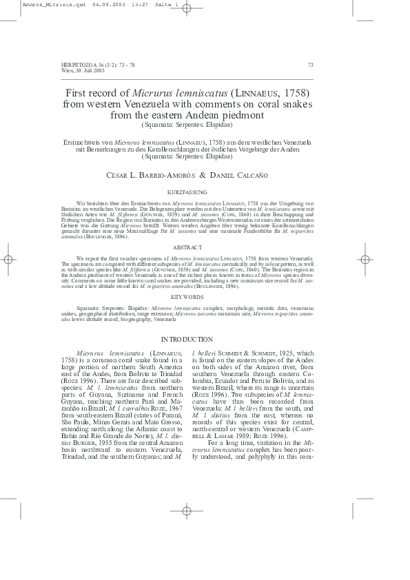 (PDF) Erstnachweis von Micrurus lemniscatus (LINNAEUS, 1758) aus dem ...
