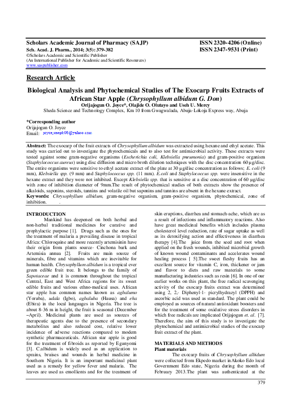 (PDF) Biological Analysis and Phytochemical Studies of The Exocarp ...