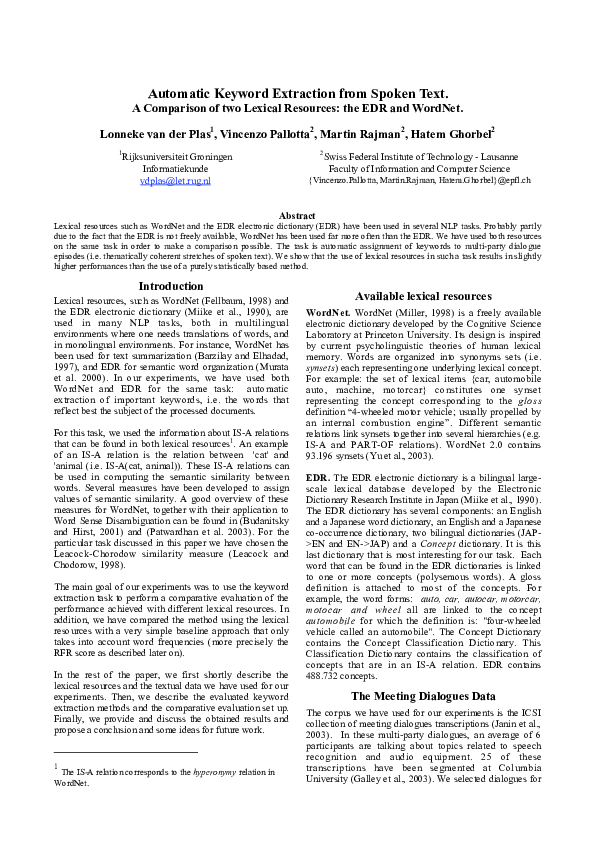 Pdf Automatic Keyword Extraction From Spoken Text A Comparison Of Two Lexical Resources The