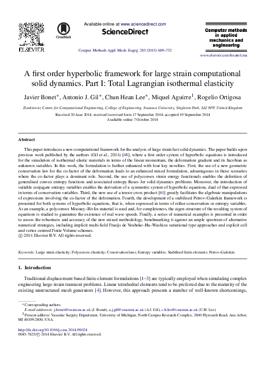 Pdf A First Order Hyperbolic Framework For Large Strain Computational Solid Dynamics Part I