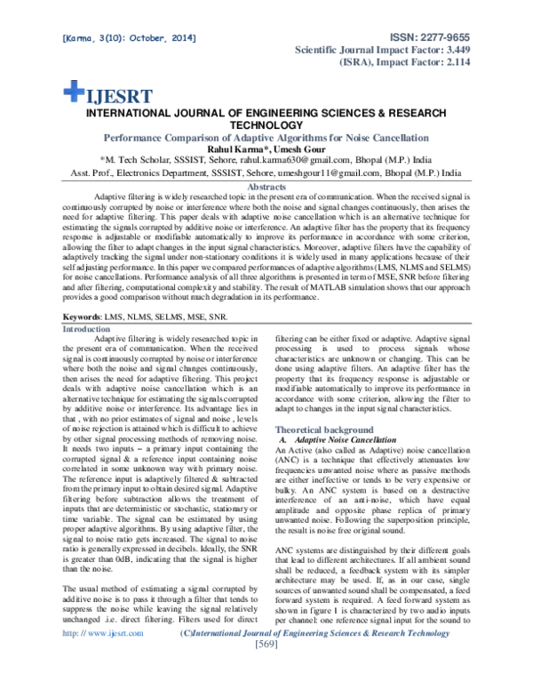 Pdf Performance Comparison Of Adaptive Algorithms For Noise Cancellation