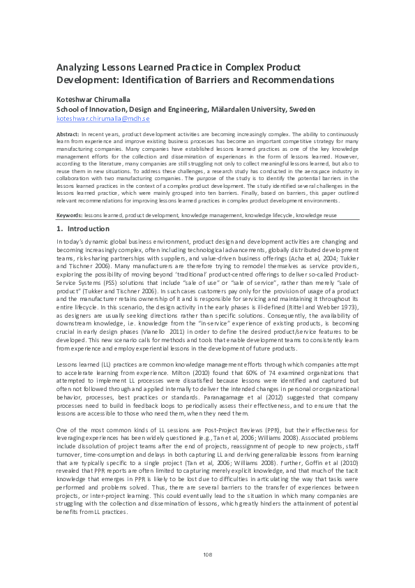 (PDF) Analyzing Lessons Learned Practice in Complex Product Development ...