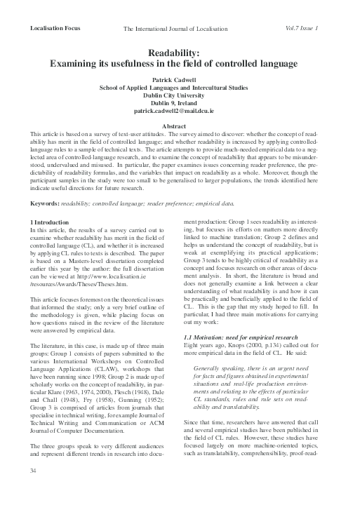 (PDF) Localisation Focus Readability: Examining its usefulness in the field of controlled language