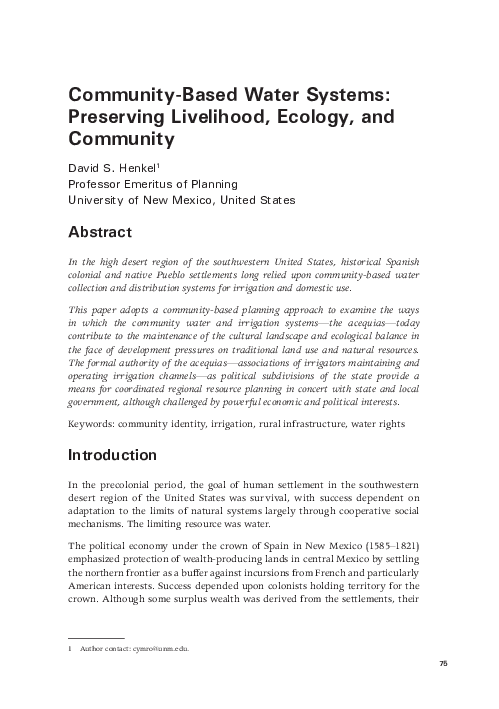 Community-Based Water Systems: Preserving Livelihood, Ecology, and ...