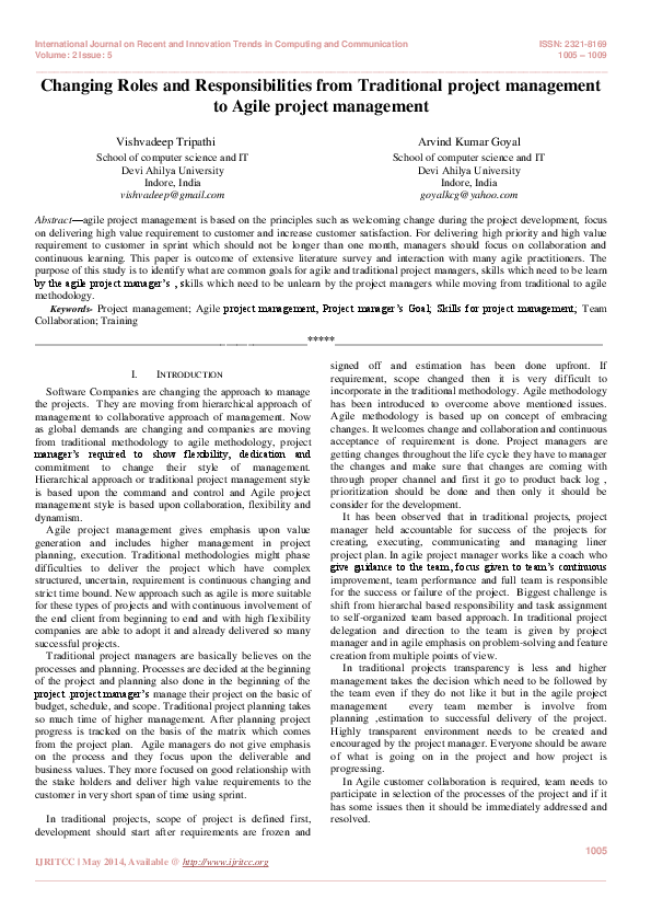 (PDF) Changing Roles and Responsibilities from Traditional project ...