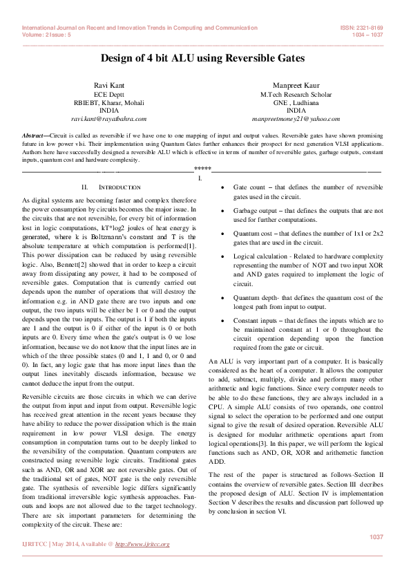 Pdf Design Of 4 Bit Alu Using Reversible Gates
