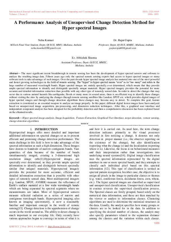 (PDF) A Performance Analysis of Unsupervised Change Detection Method for Hyper spectral Images
