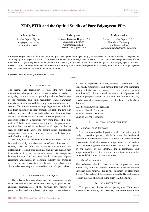 (PDF) XRD, FTIR and the Optical Studies of Pure Polystyrene Film