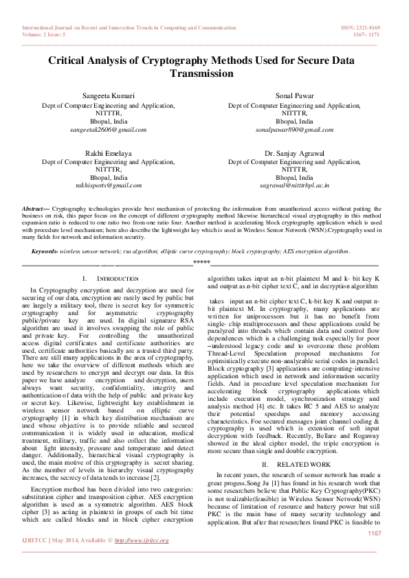 (PDF) Critical Analysis of Cryptography Methods Used for Secure Data Transmission