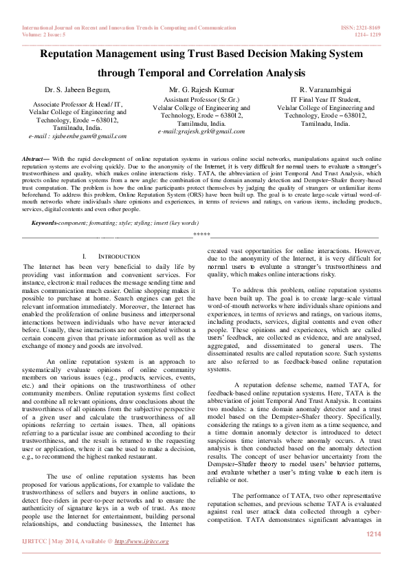 (PDF) Reputation Management using Trust Based Decision Making System through Temporal and ...
