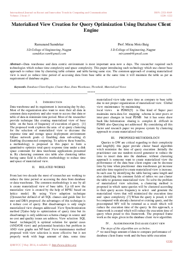 (PDF) Materialized View Creation for Query Optimization Using Database Client Engine