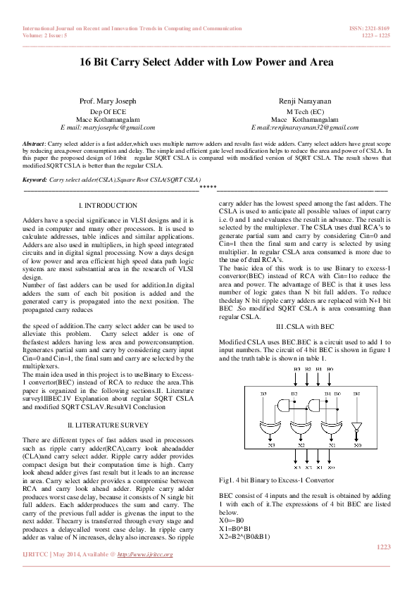 (PDF) 16 Bit Carry Select Adder with Low Power and Area
