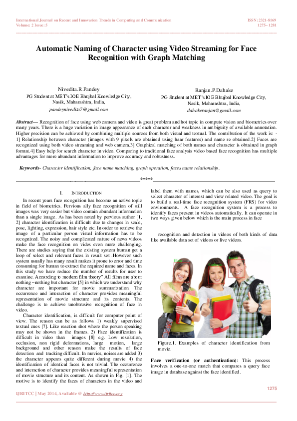 Pdf Automatic Naming Of Character Using Video Streaming For Face Recognition With Graph Matching