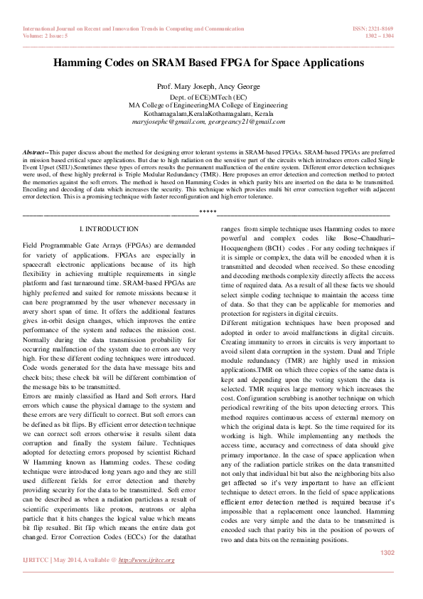 Pdf Hamming Codes On Sram Based Fpga For Space Applications
