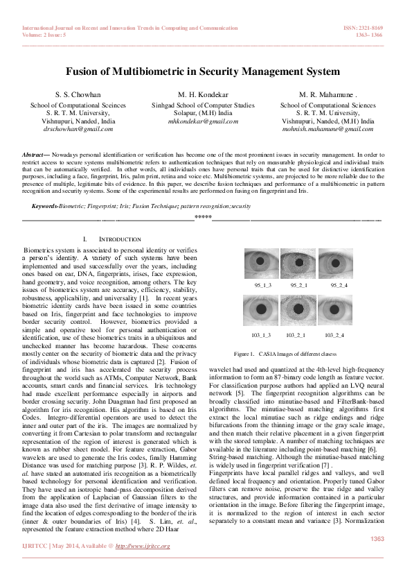 Pdf Fusion Of Multibiometric In Security Management System International Journal Ijritcc