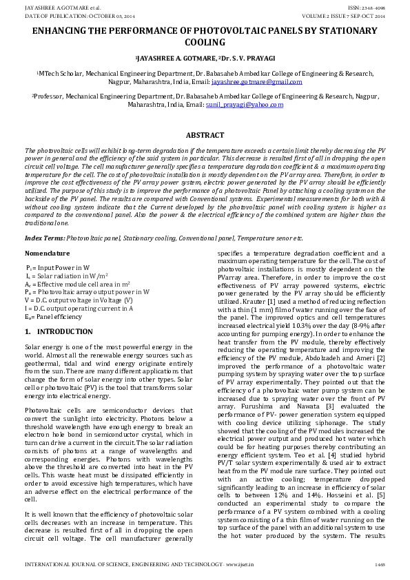 (PDF) ENHANCING THE PERFORMANCE OF PHOTOVOLTAIC PANELS BY STATIONARY COOLING