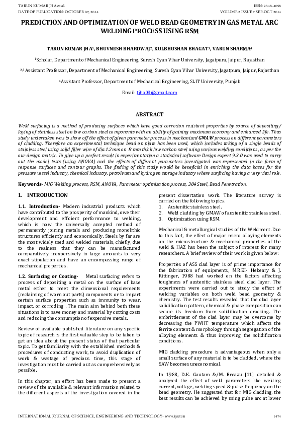 (PDF) PREDICTION AND OPTIMIZATION OF WELD BEAD GEOMETRY IN GAS METAL ARC WELDING PROCESS USING RSM