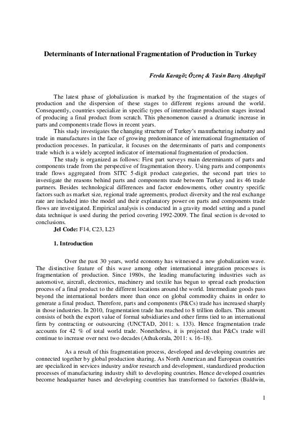 (PDF) Determinants of International Fragmentation of Production in Turkey