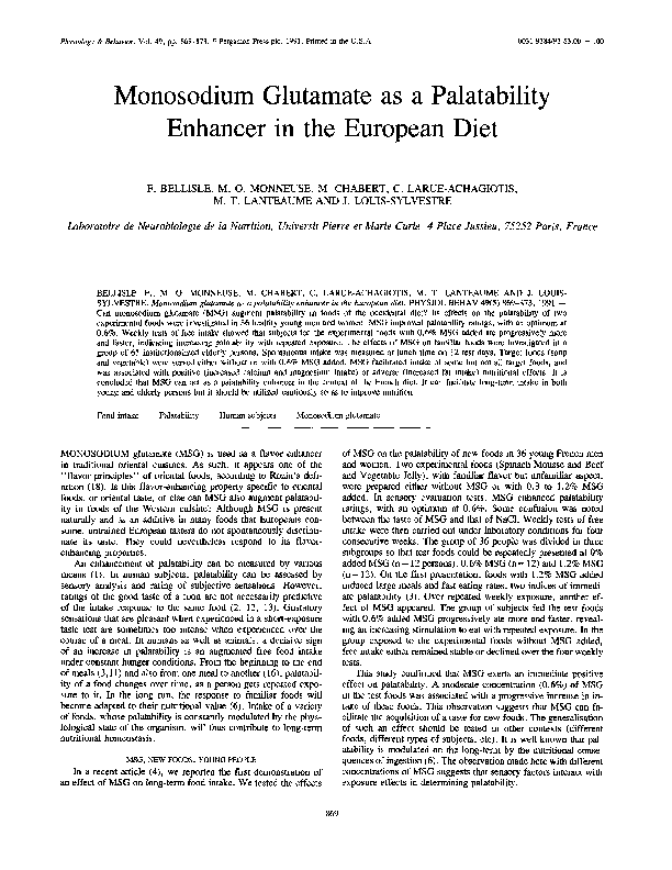 (PDF) Monosodium Glutamate as a Palatability Enhancer in the European Diet