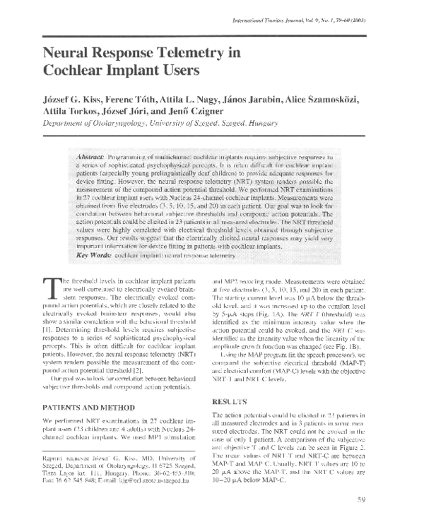 (PDF) Neural Response Telemetry in Cochlear Implant Users