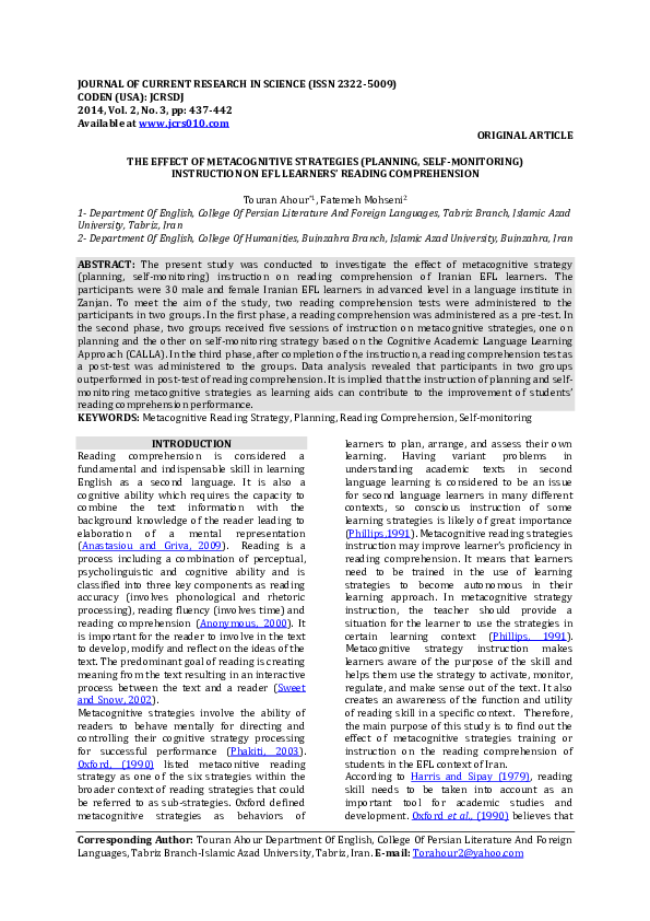 Pdf The Effect Of Metacognitive Strategies Planning Self Monitoring Instruction On Efl