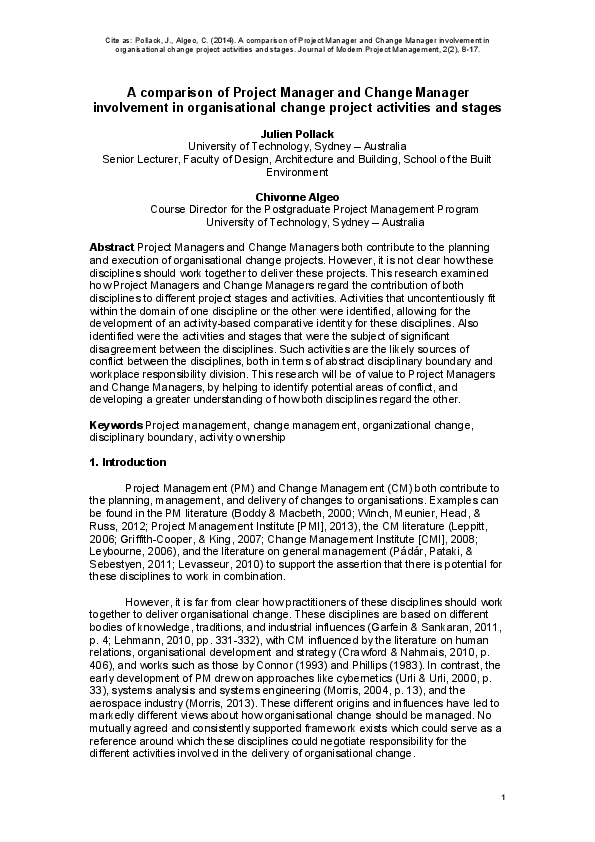 (PDF) A comparison of Project Manager and Change Manager involvement in ...