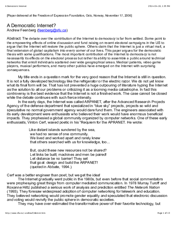 (PDF) A democratic Internet?