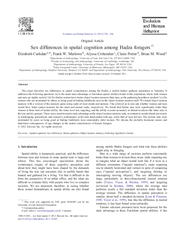 (PDF) Sex differences in spatial cognition among hadza foragers