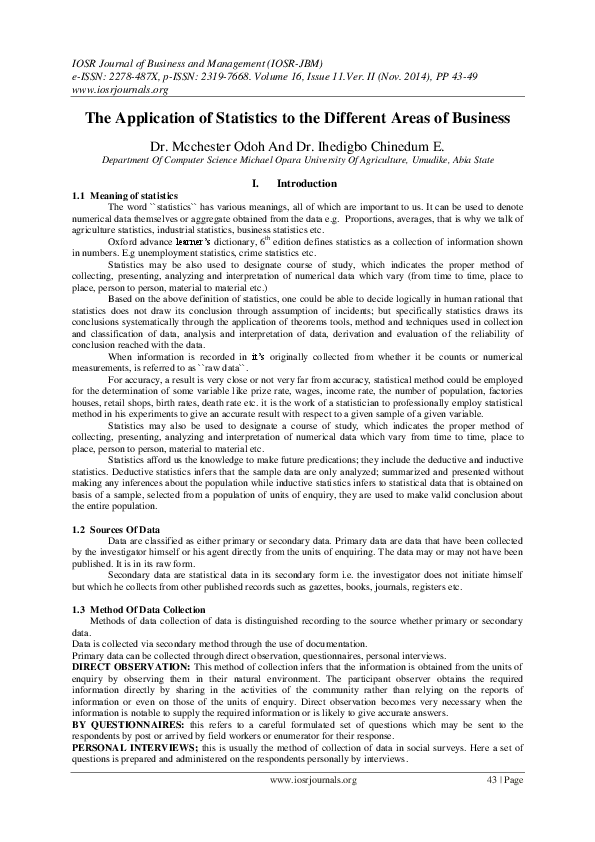 (PDF) The Application of Statistics to the Different Areas of Business