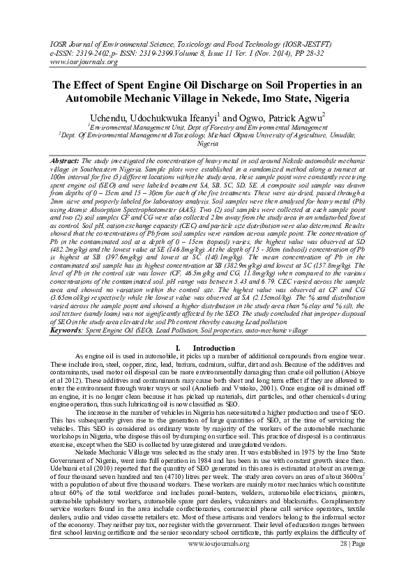 (PDF) The Effect of Spent Engine Oil Discharge on Soil Properties in an ...