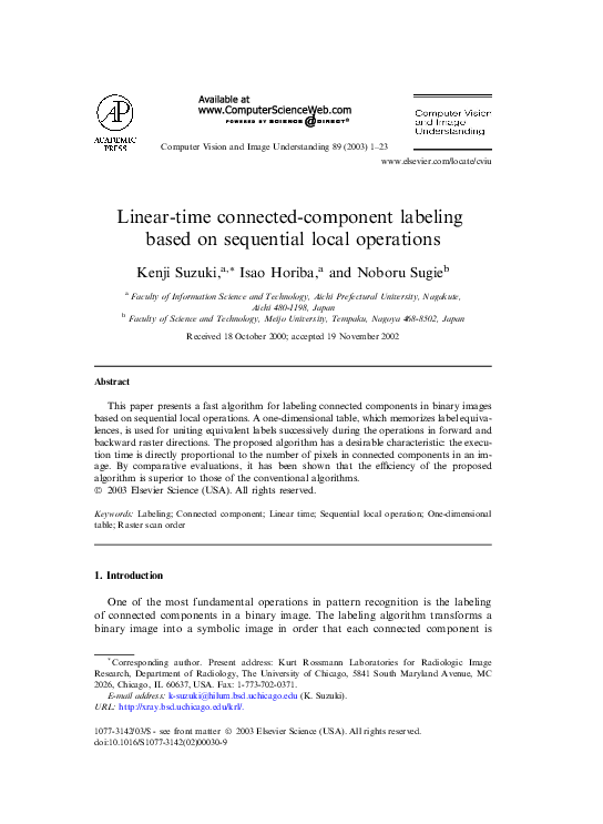 Pdf Linear Time Connected Component Labeling Based On Sequential Local Operations