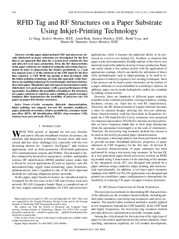 (PDF) RFID Tag and RF Structures on a Paper Substrate Using Inkjet ...