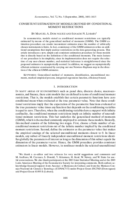 Pdf Consistent Estimation Of Models Defined By Conditional Moment Restrictions