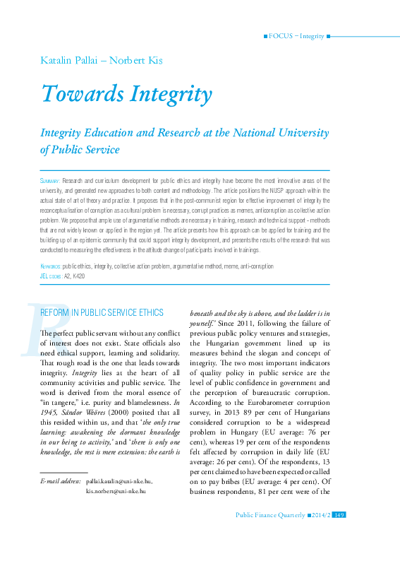 (PDF) Towards integrity”. Integrity Education and Research at the ...