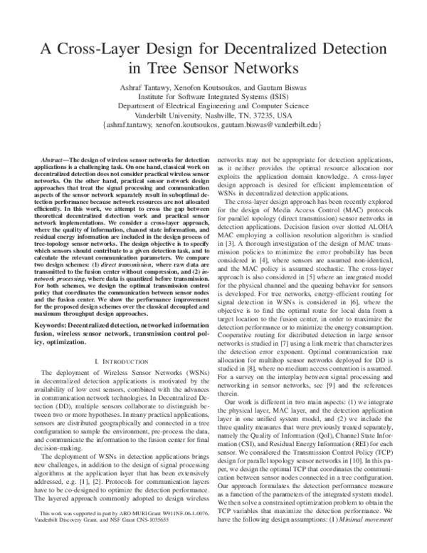 Pdf A Cross Layer Design For Decentralized Detection In Tree Sensor Networks